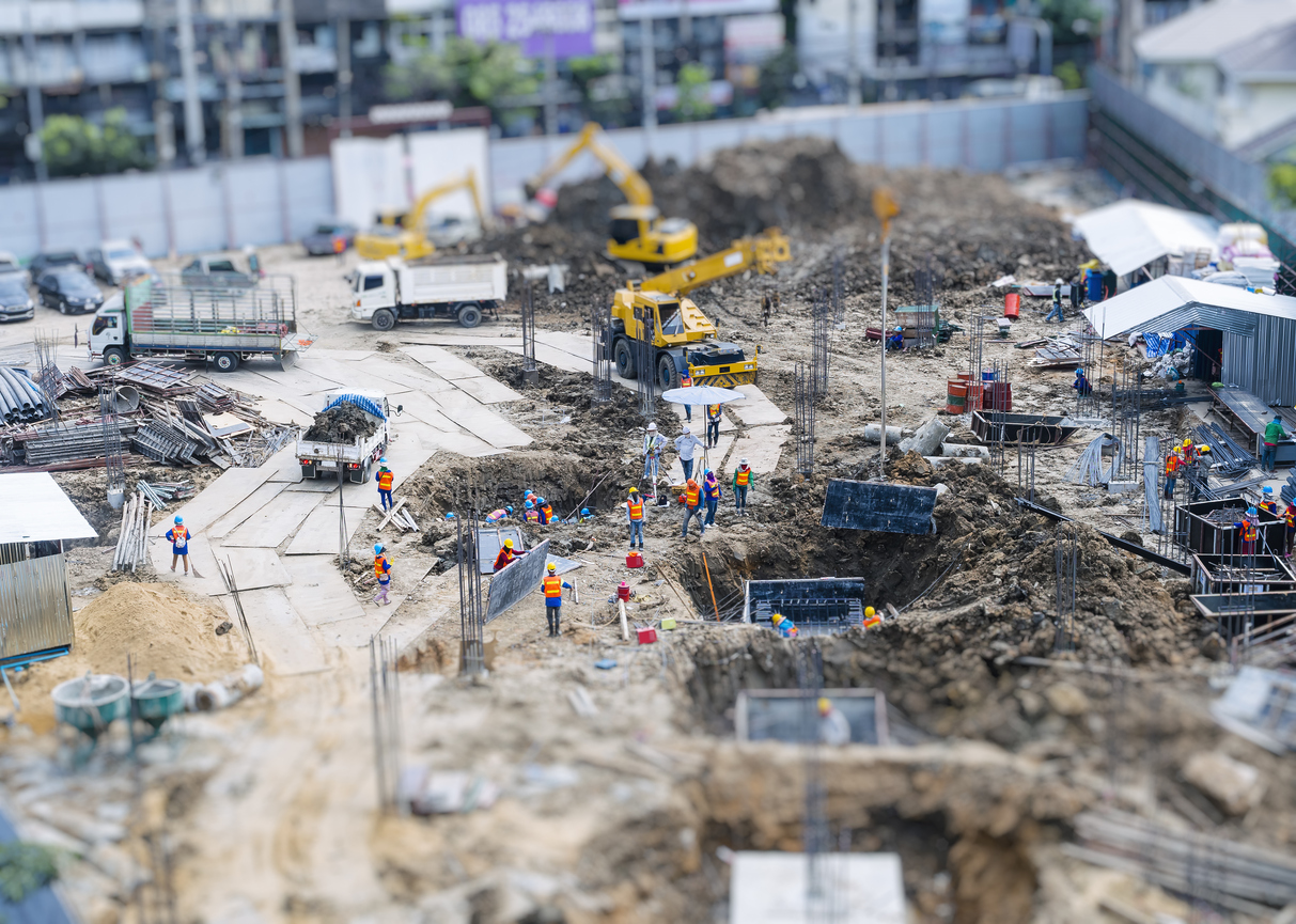 Construction site outdoor with crane People working top view